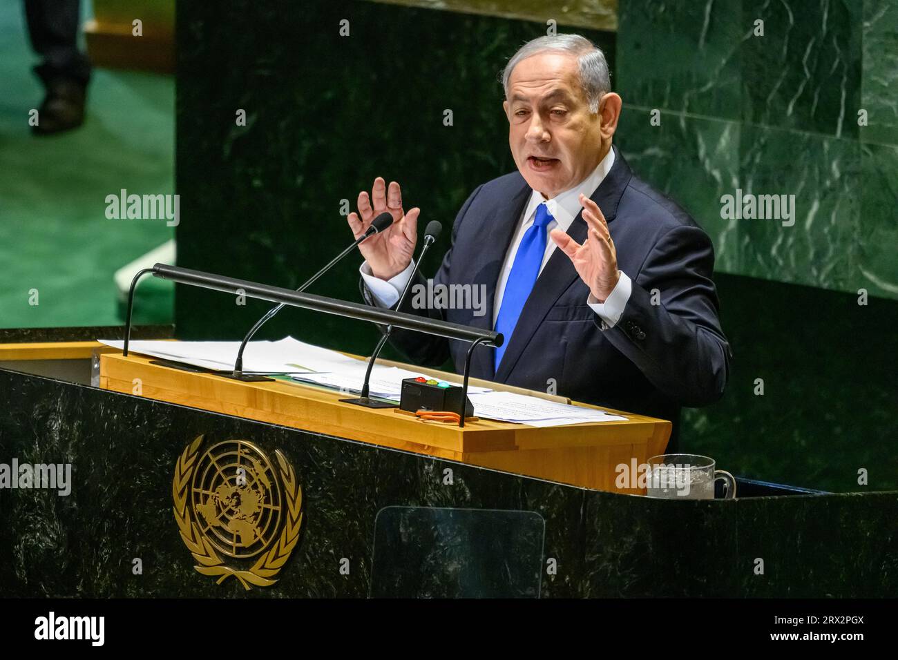 New York, USA. 22nd Sep, 2023. Israeli Prime Minister Benjamin Netanyahu addresses the 78th ...