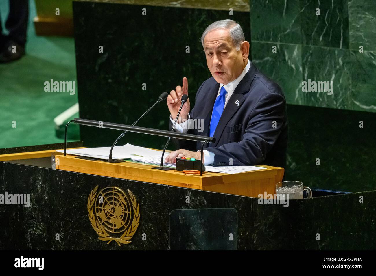 New York, USA. 22nd Sep, 2023. Israeli Prime Minister Benjamin Netanyahu addresses the 78th ...