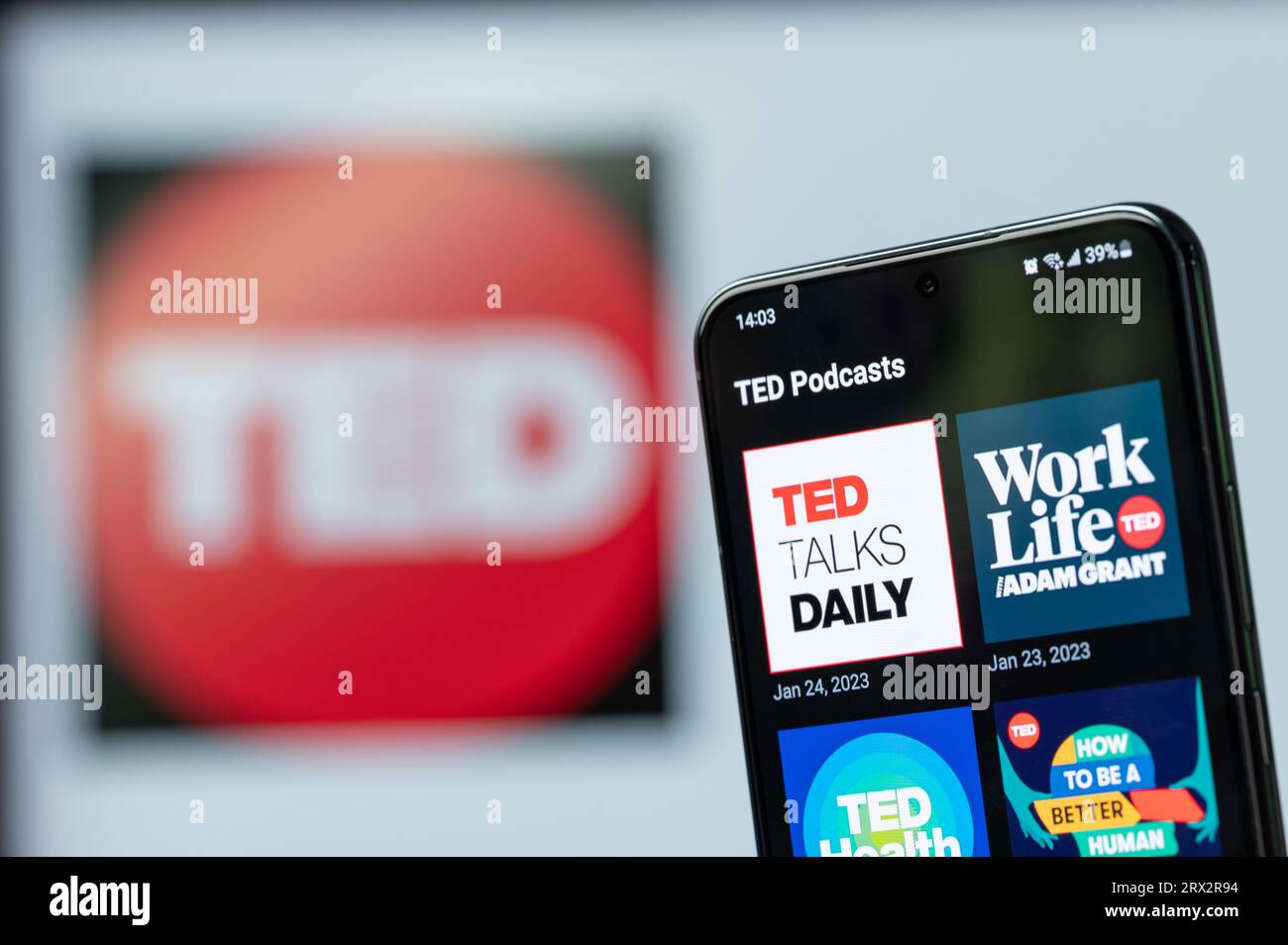 New York, USA - August 20, 2023: Listening ted talk podcast with app on ...