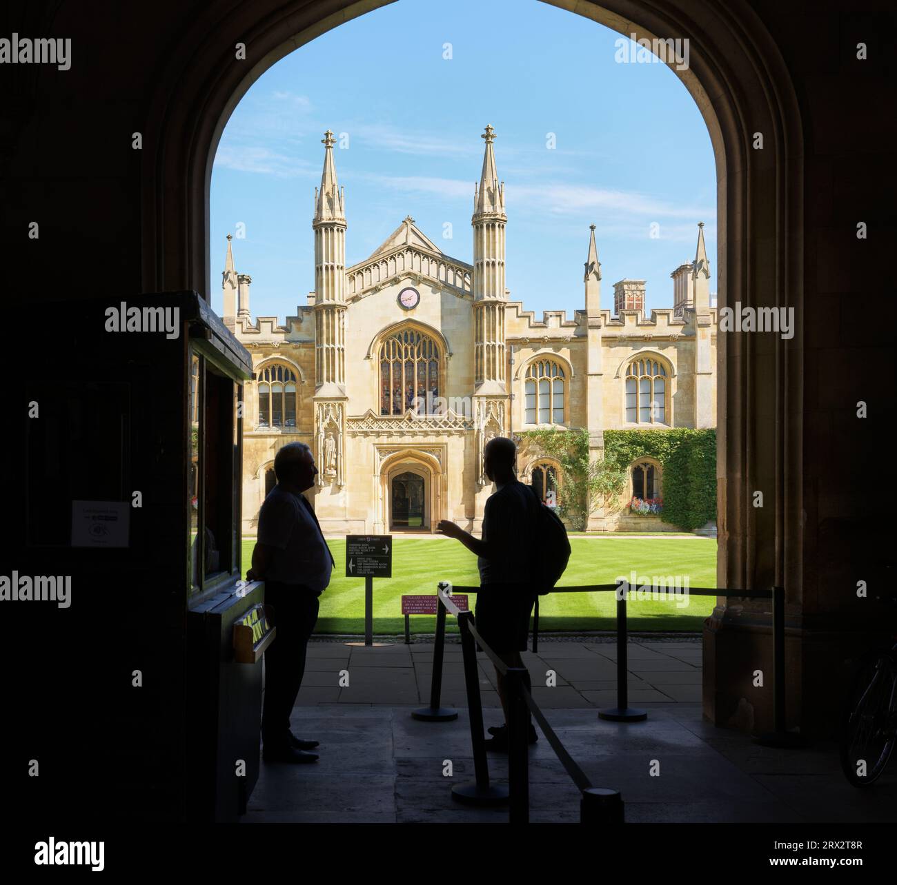 Tourist and guard inside the prestigious college of Corpus Christiat ...