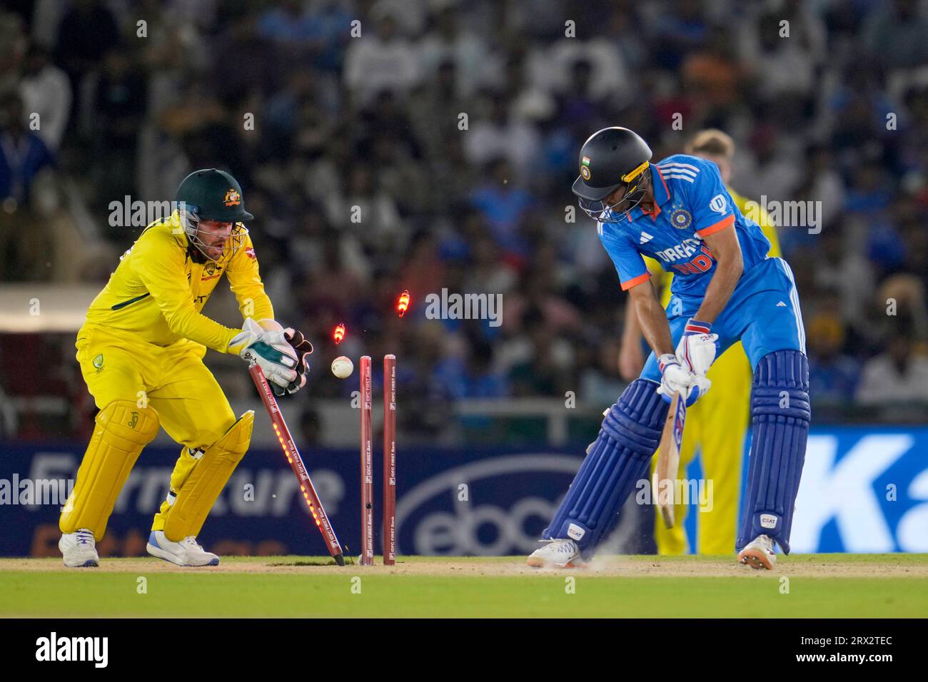 India's Shubman Gill is bold out by Australia's Adam Zampa during the ...
