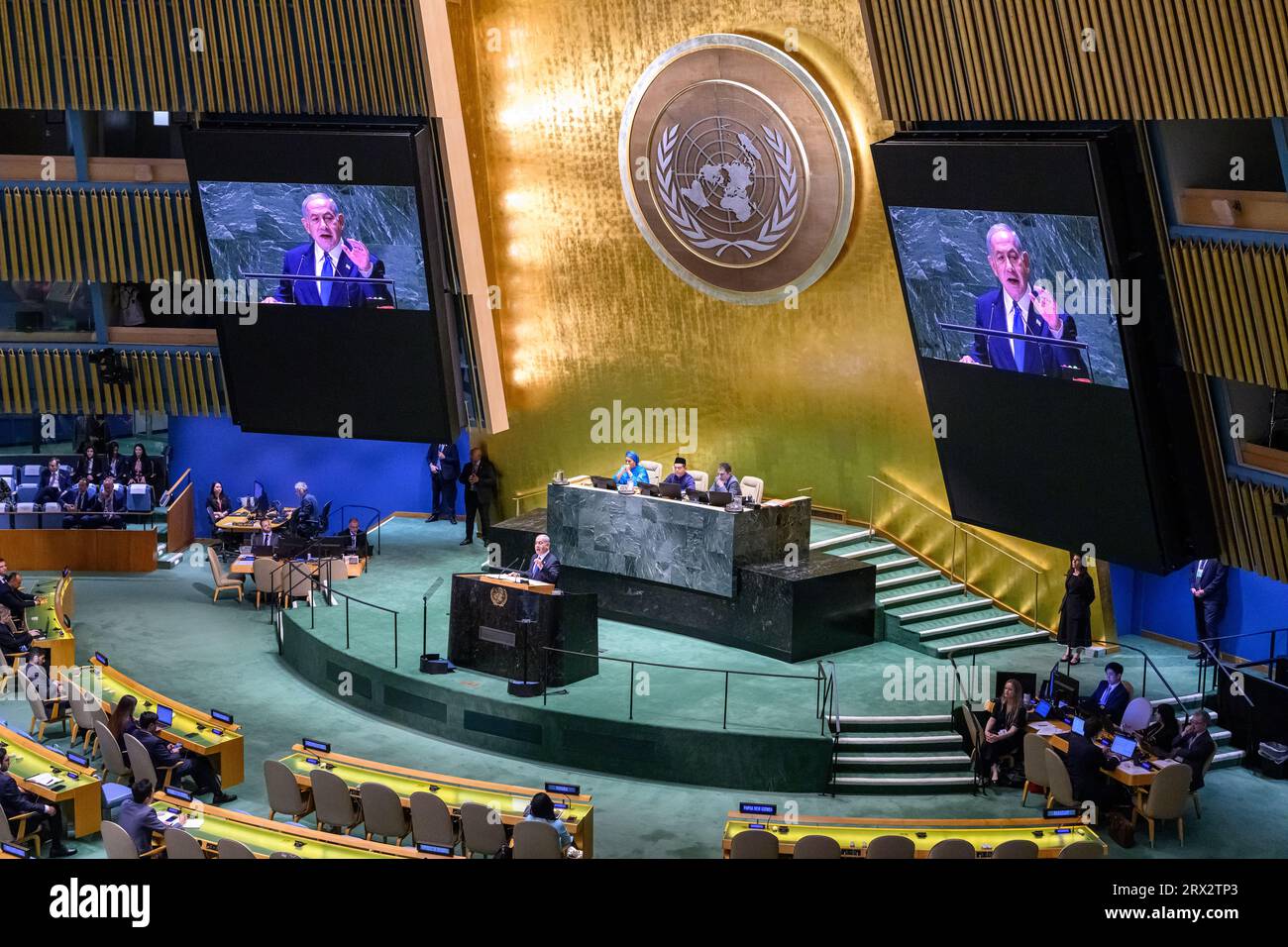 New York, USA. 22nd Sep, 2023. Israeli Prime Minister Benjamin Netanyahu addresses the 78th ...