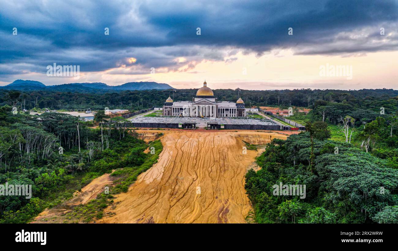 Aerial of the future Presidential Palace, Ciudad de la Paz, Rio Muni ...