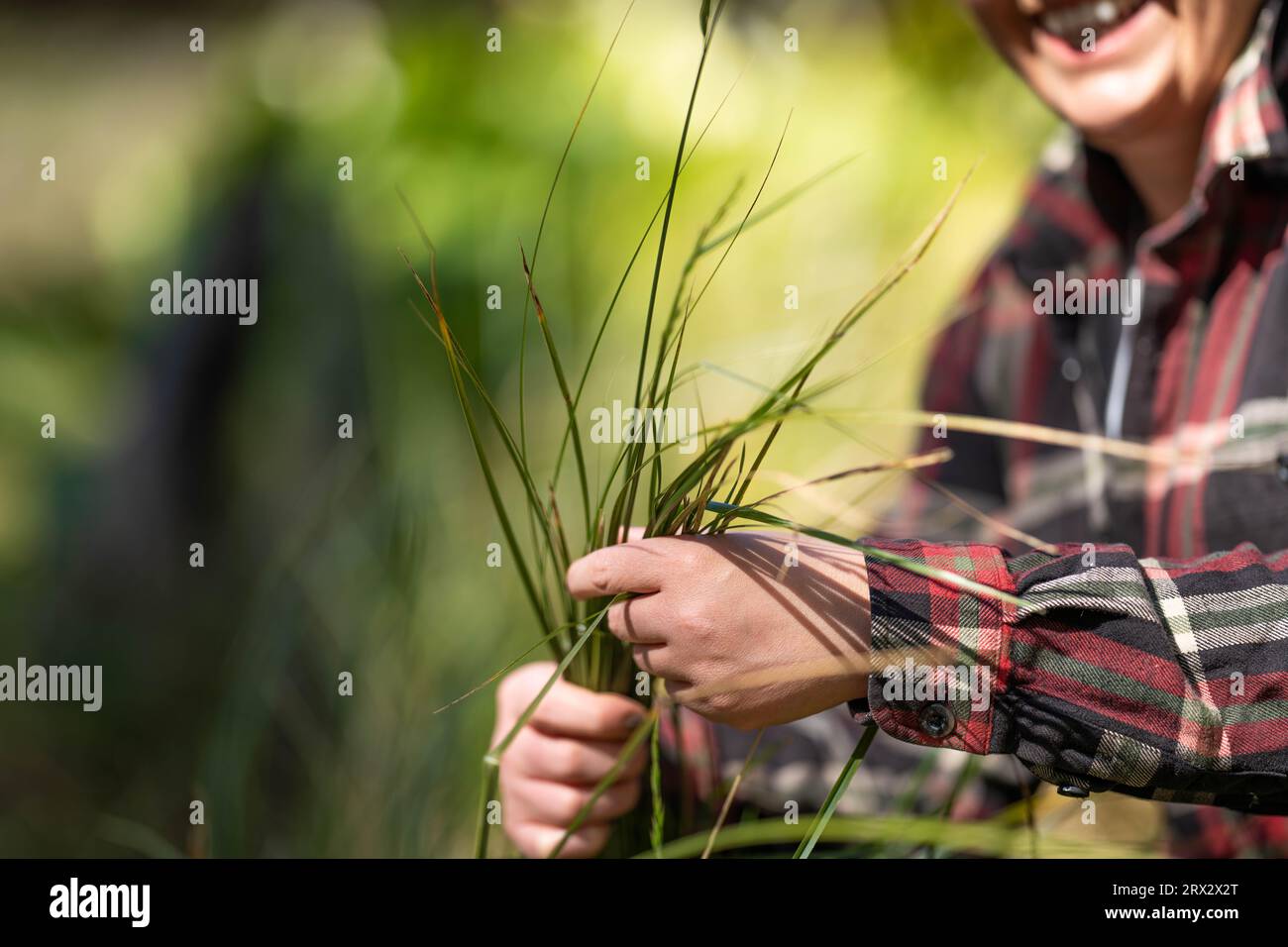 regenerative organic female farmer, taking soil samples and looking at ...