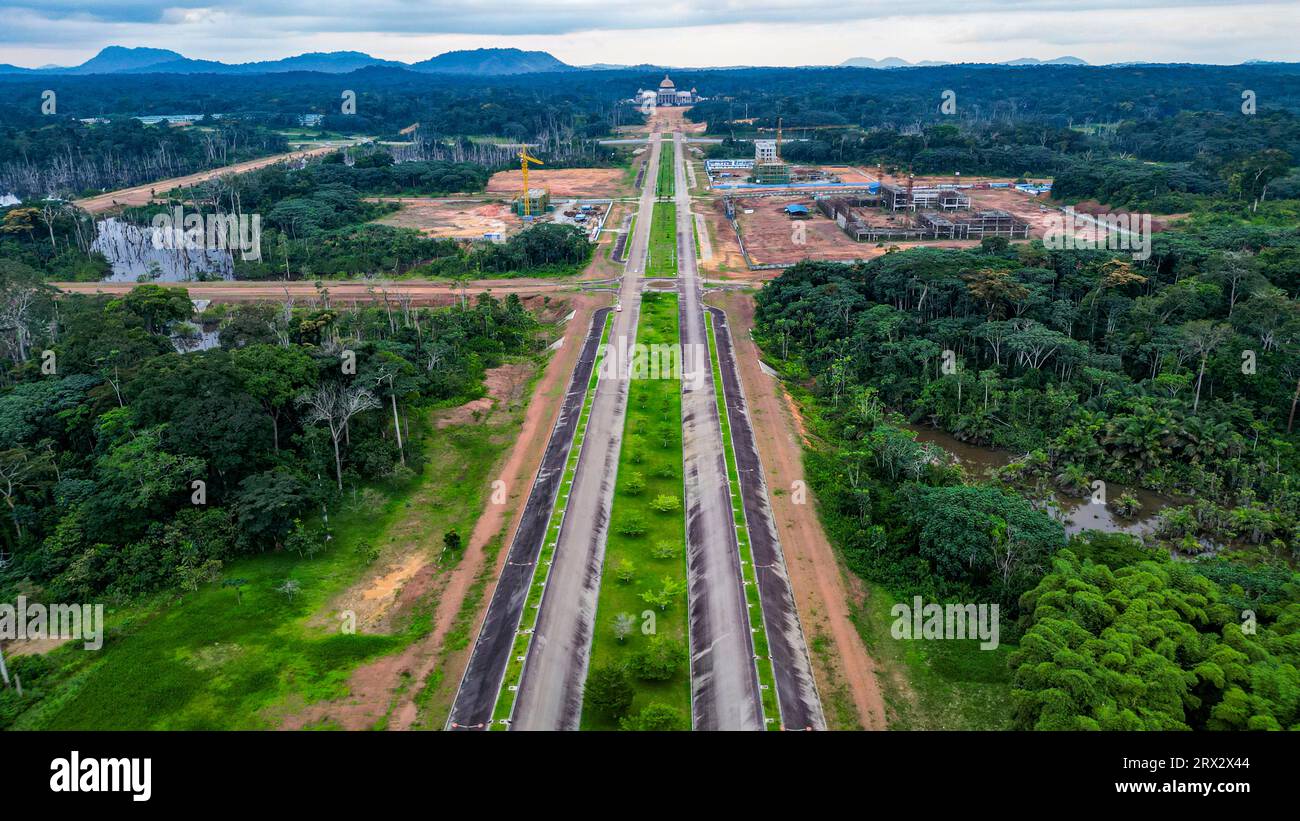 Aerial of the future Presidential Palace, Ciudad de la Paz, Rio Muni ...