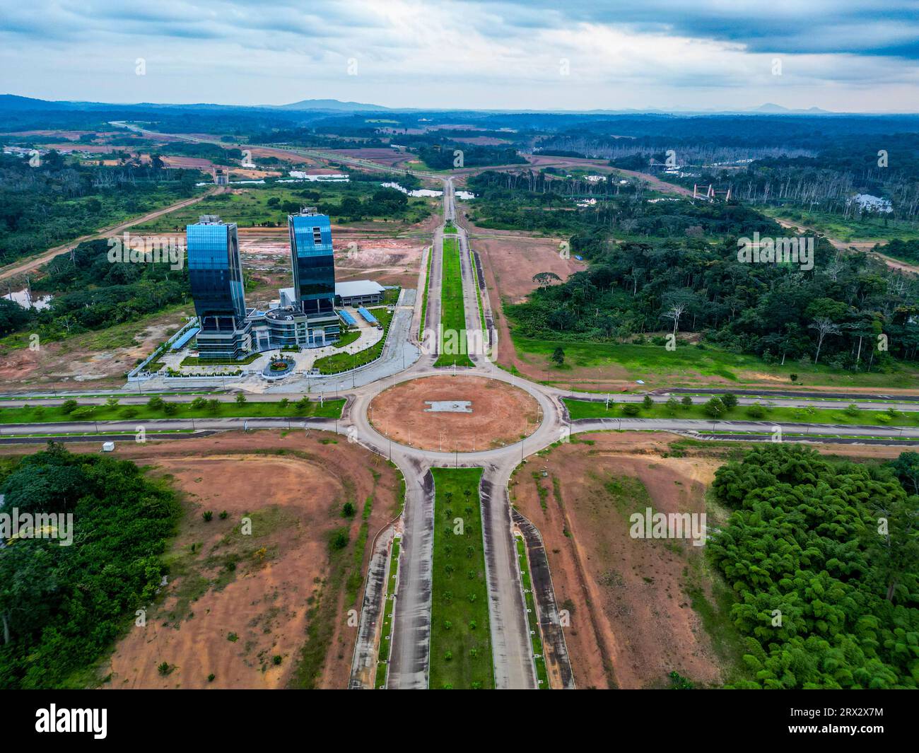 Aerial of the future Presidential Palace, Ciudad de la Paz, Rio Muni ...