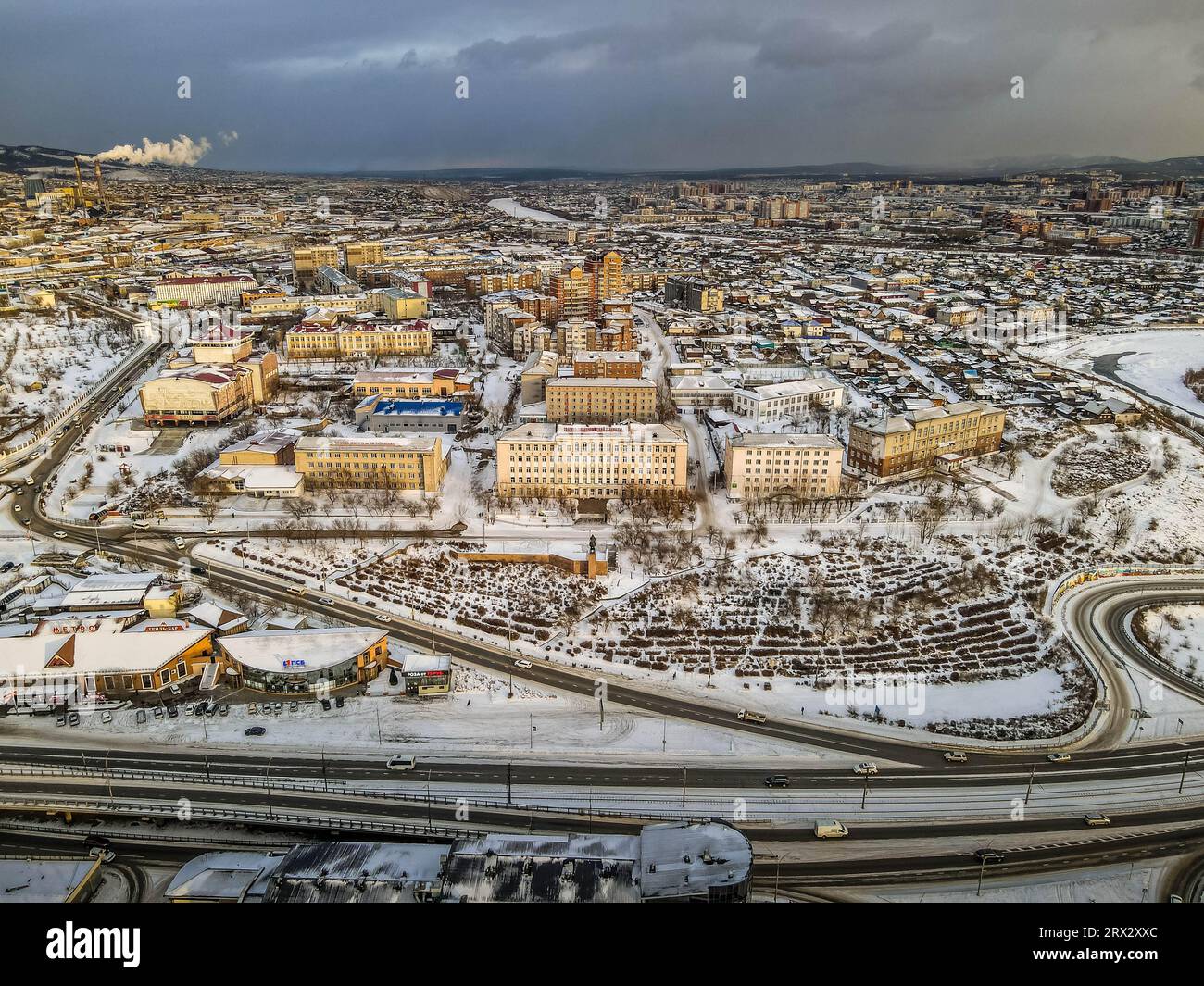 The aerial panorama view of the streets, buildings, and residential ...