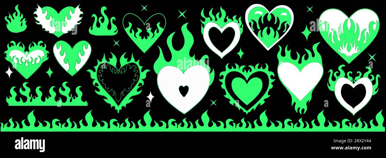 Y2k 2000s cute emo goth burning hearts stickers, tattoo art elements ...