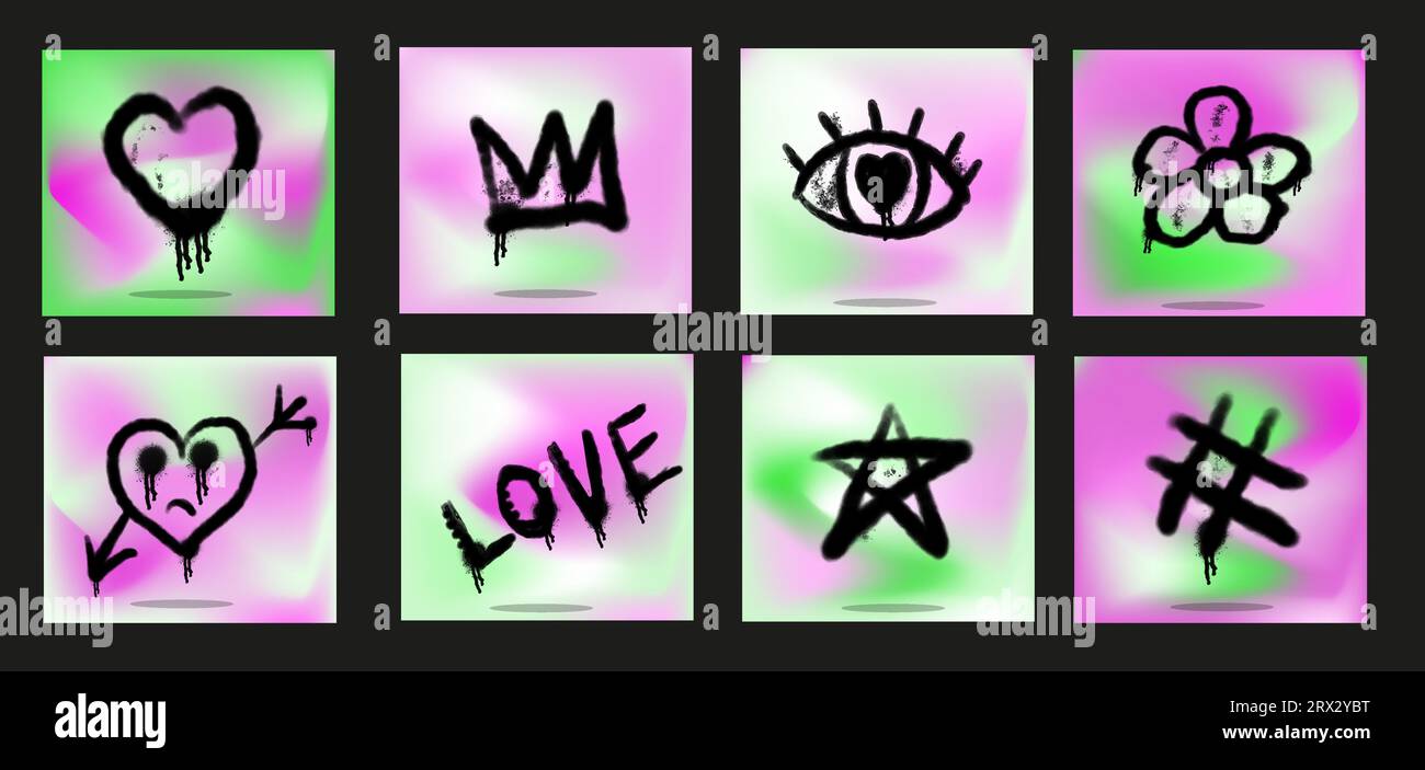 Graffiti drawing emo symbols set. Painted graffiti spray pattern of ...
