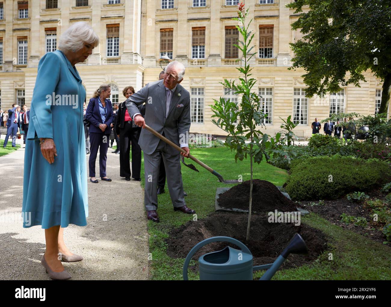 Queen Camilla watching King Charles III planting a tree in the garden of the City Hall in ...