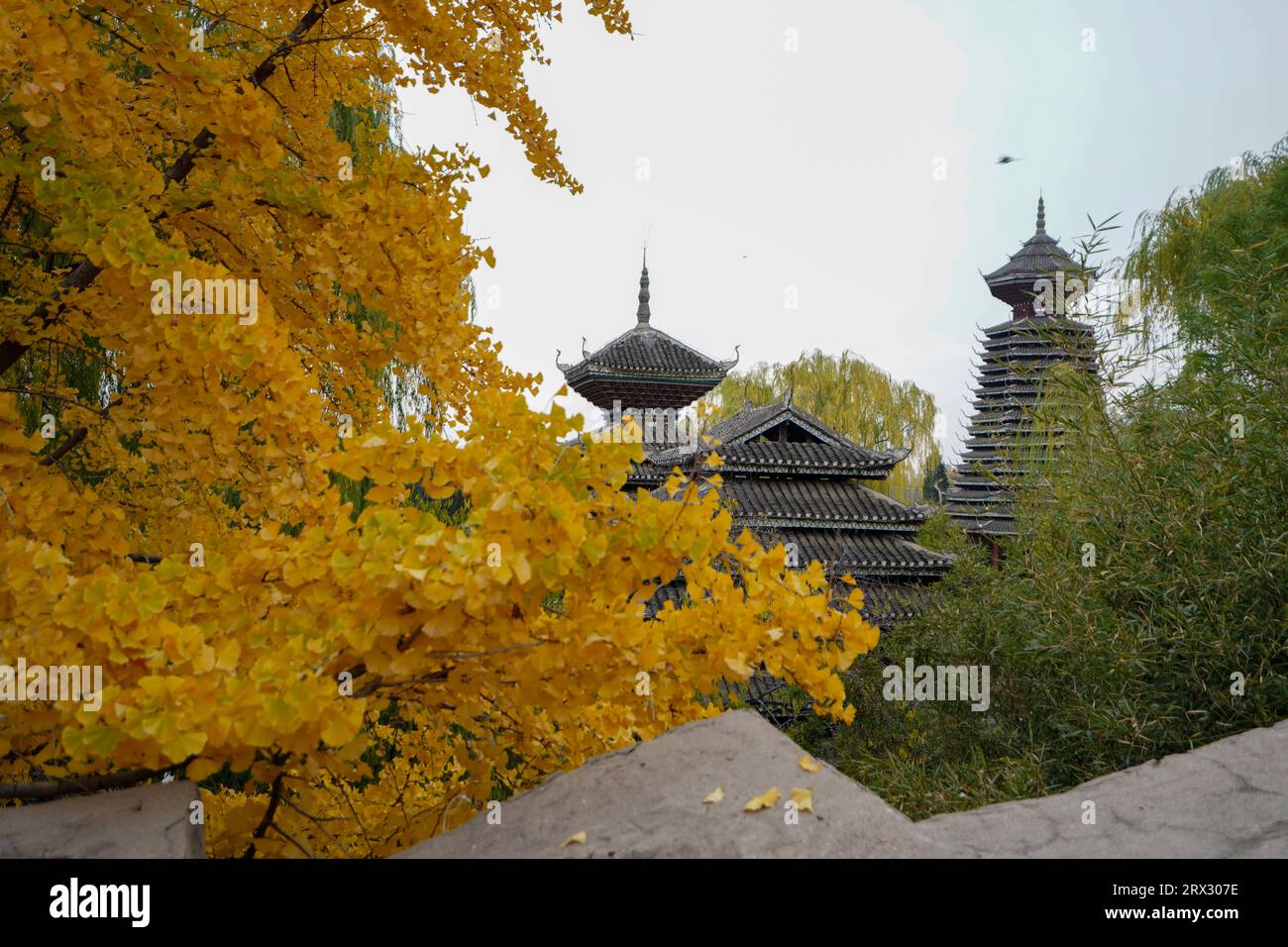 Beijing China, November 2, 2022: Wind rain Bridge and Drum Tower of Dong Nationality in China ...