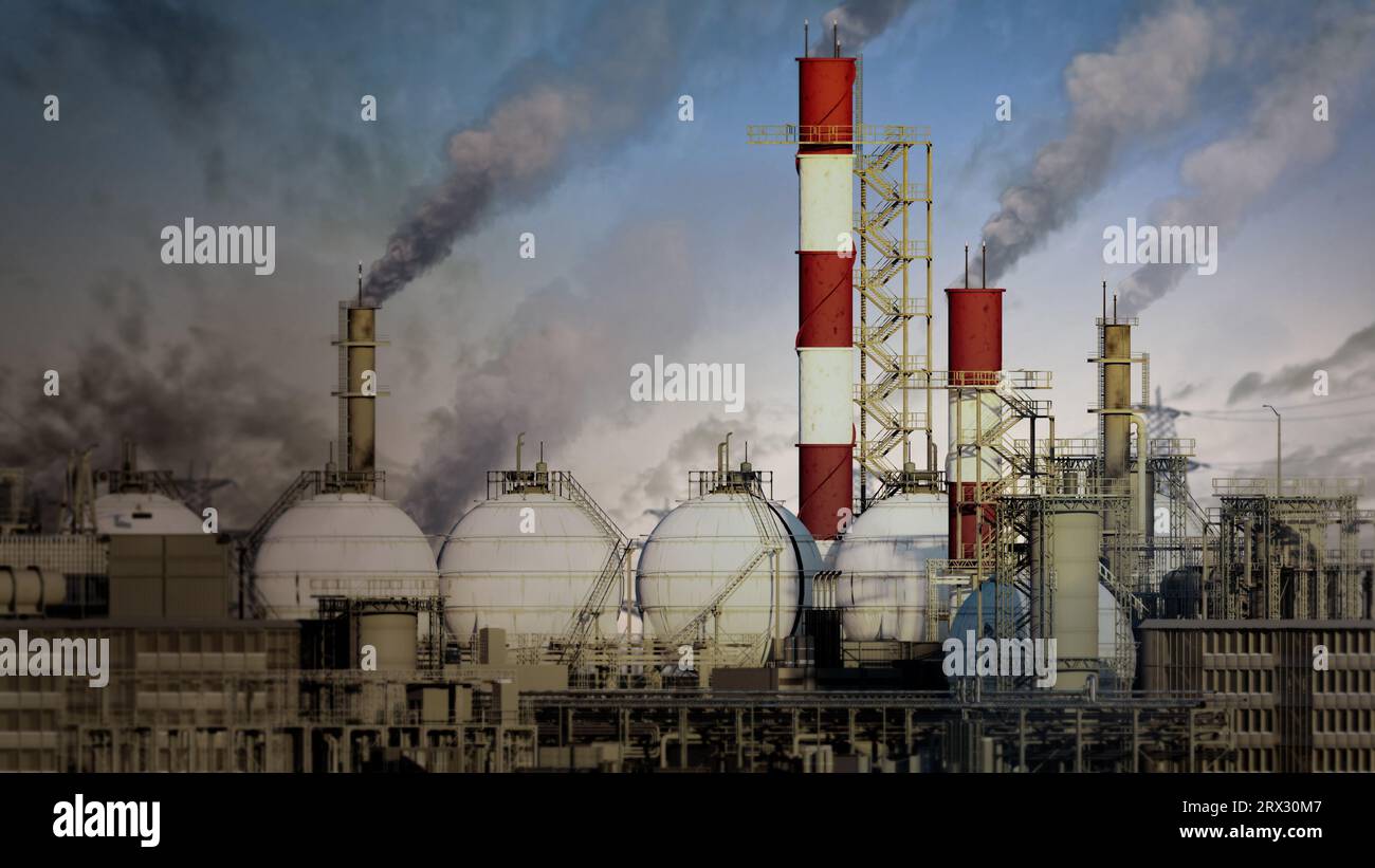 natural gas power plant, spherical storage tanks, fictitious ...
