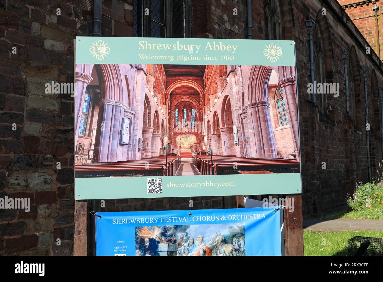A sign board outside the Abbey Church of the Holy Cross, commonly known ...