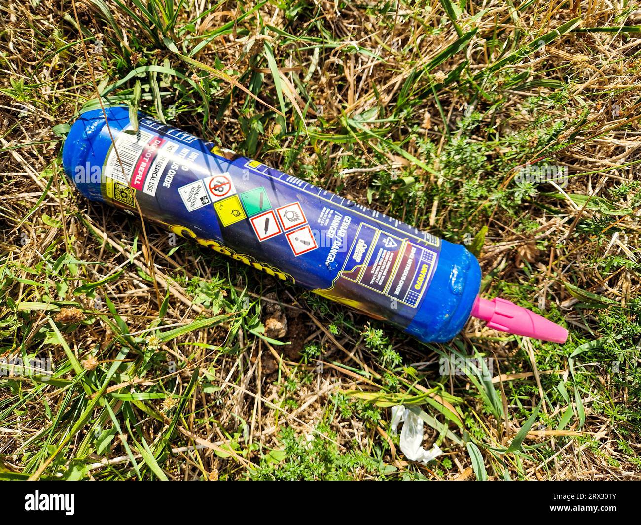 Nitrous oxide can, new urban drug, Bron, France Stock Photo - Alamy