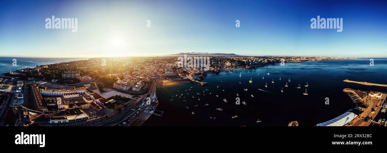 Aerial drone panoramic view of sunset at Cascais Bay, in the Lisbon ...