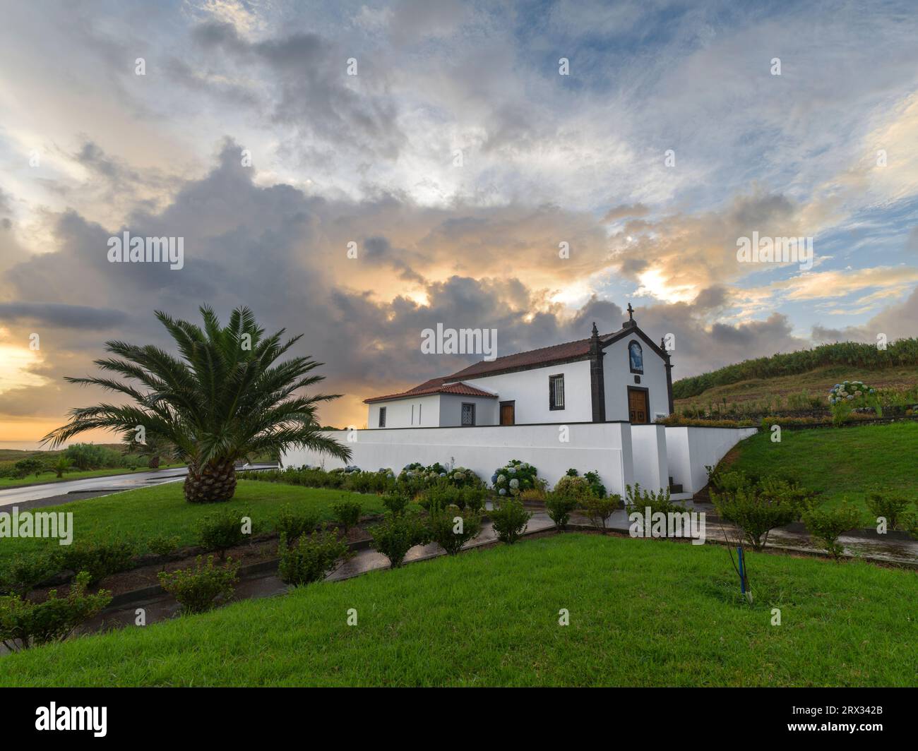 Sunset over Ermida de Nossa Senhora do Pranto chapel on Sao Miguel island, Azores Islands ...