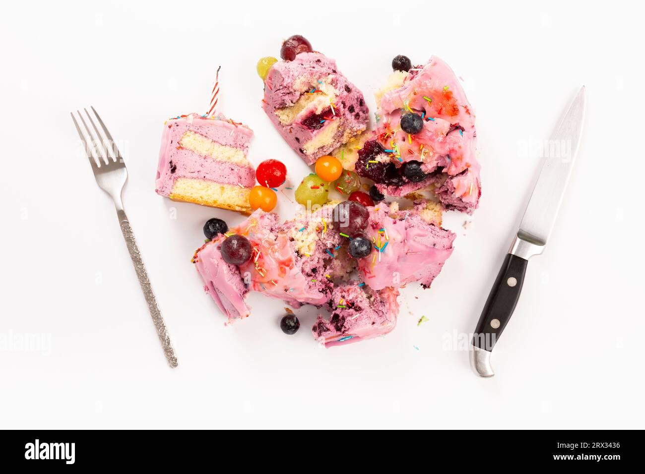 Broken birthday cake isolated on white background. Bad birthday ...