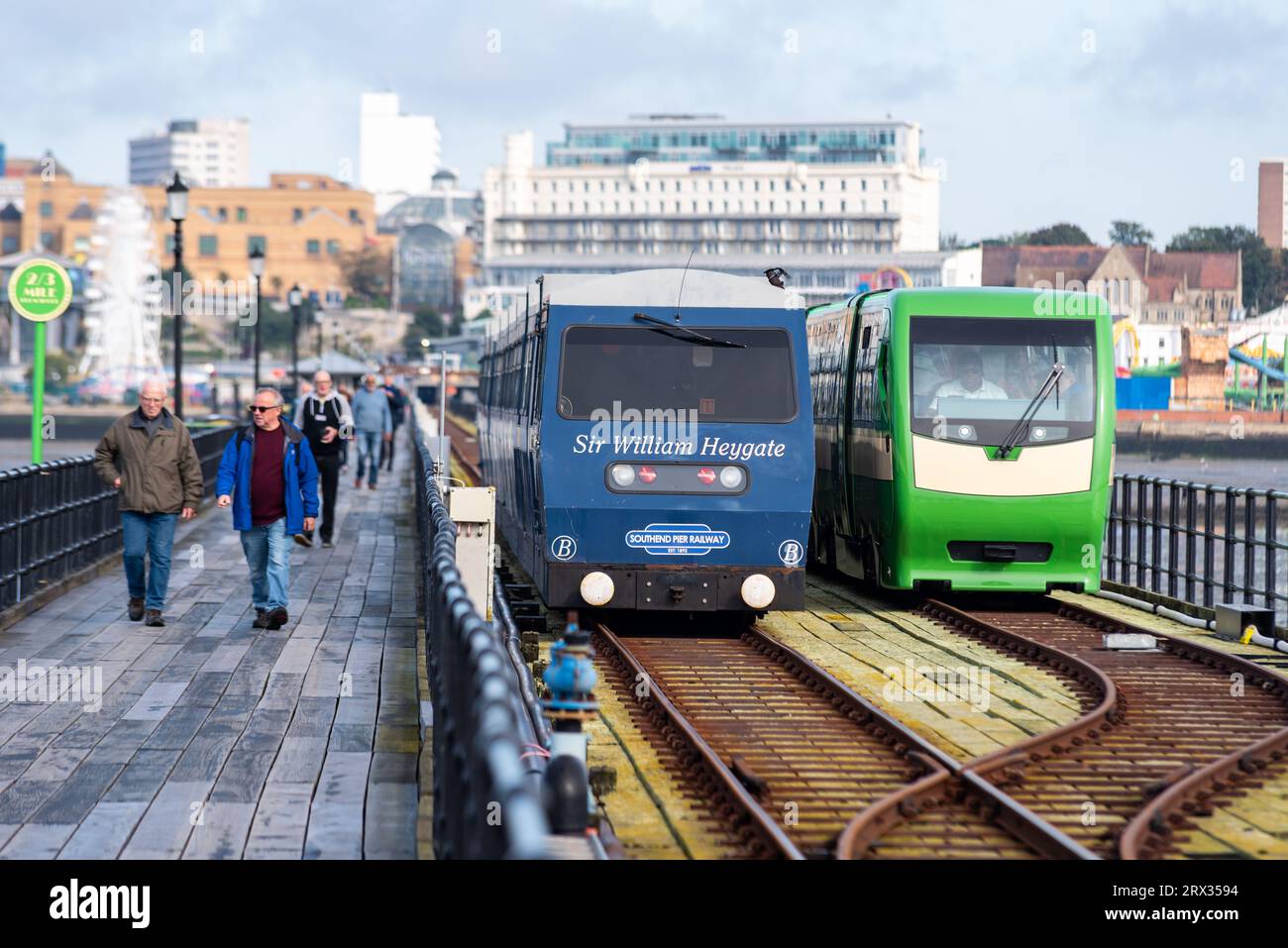 Old & new Southend Pier railway trains at the passing loop. Southend on ...