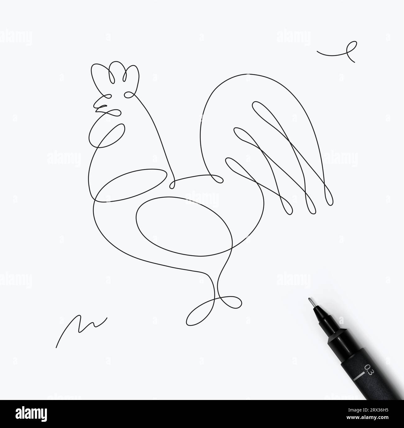 Rooster drawing in minimalism pen line style on white background Stock ...