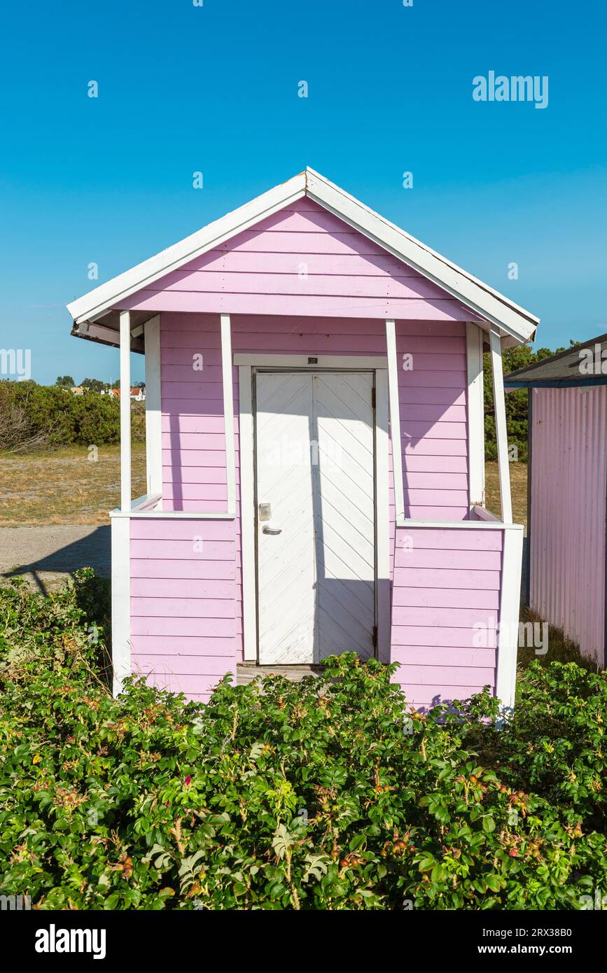 Frontal view of the wooden front of a pink bathing hut on the beach of ...