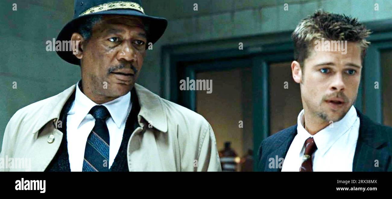 SEVEN 1995 New Line Cinema film with Brad Pitt at right and Morgan ...