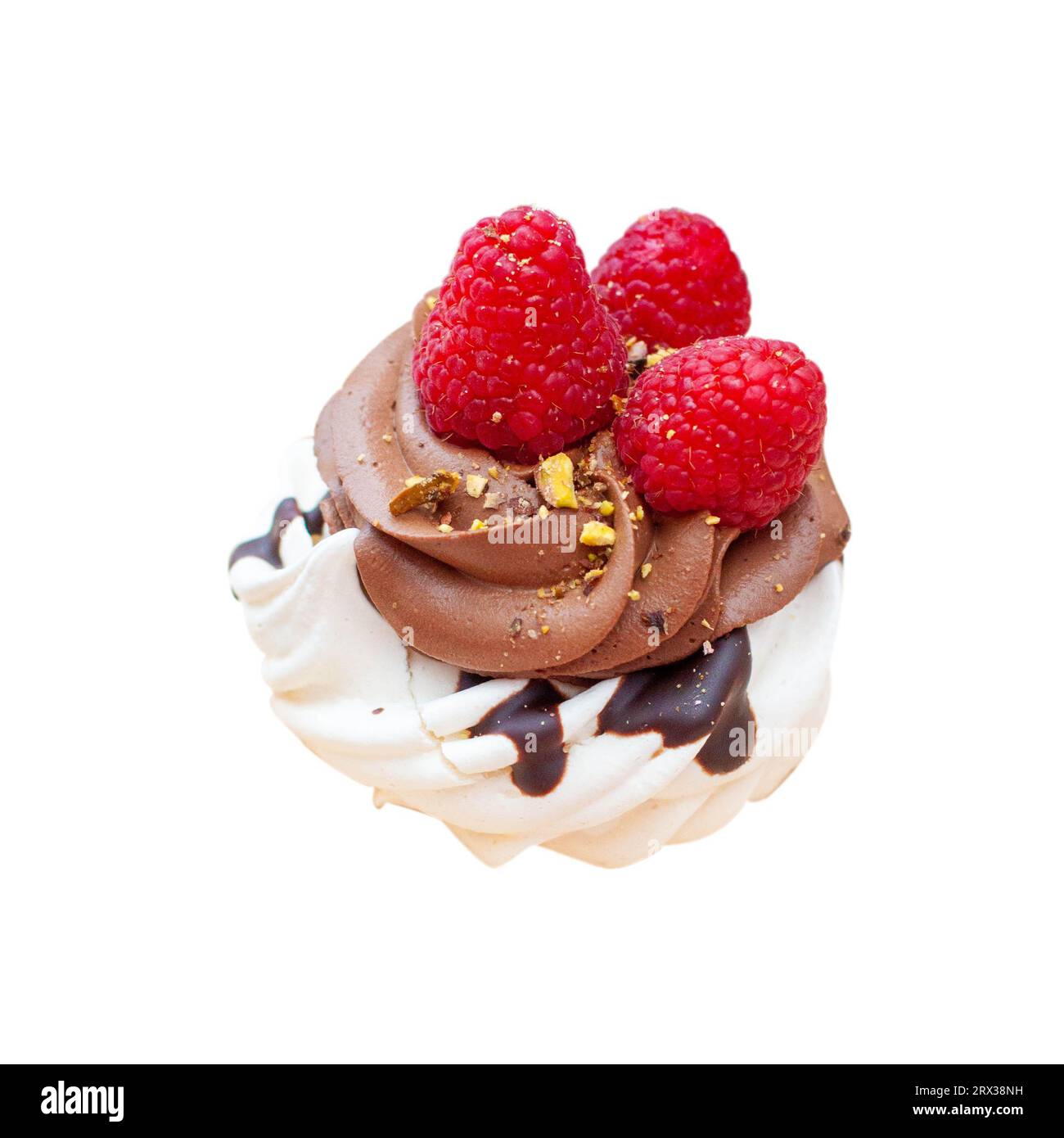 Mini pavlova cake with chocolate whipped cream, fresh raspberries and ...