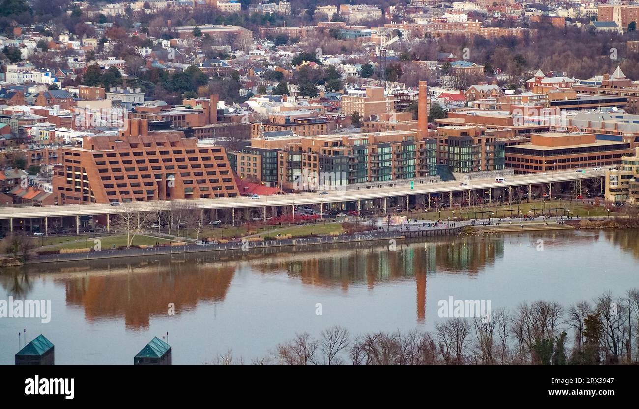 View of Georgetown in Washington DC from across the Potomac River in ...