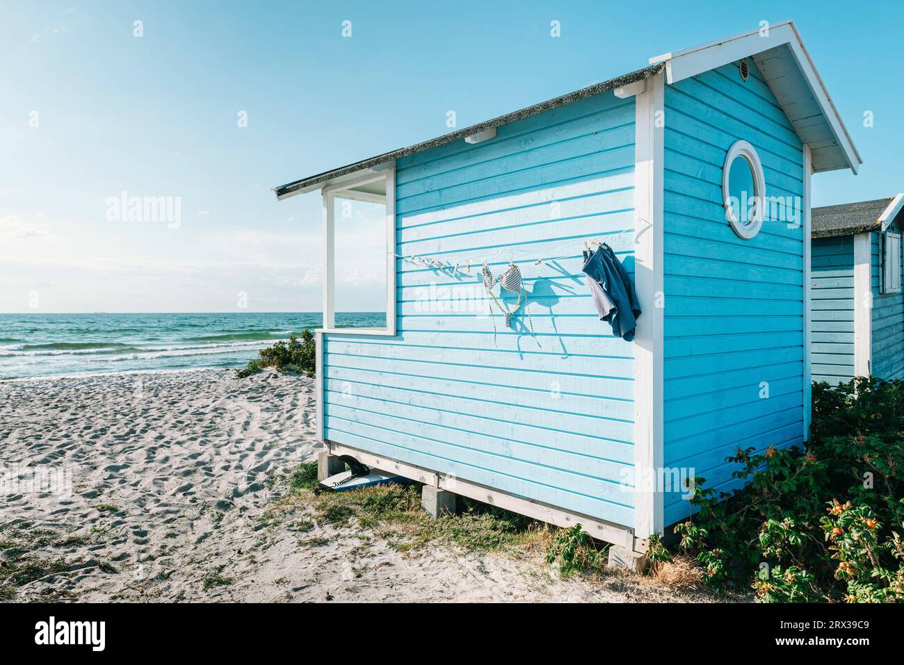 Colourful, windswept blue wooden bathing hut in the sand dunes on the ...