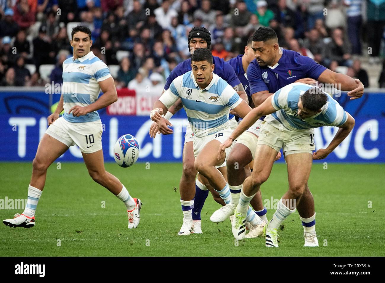 Argentina's Rodrigo Bruni, right, spills the ball during the Rugby ...