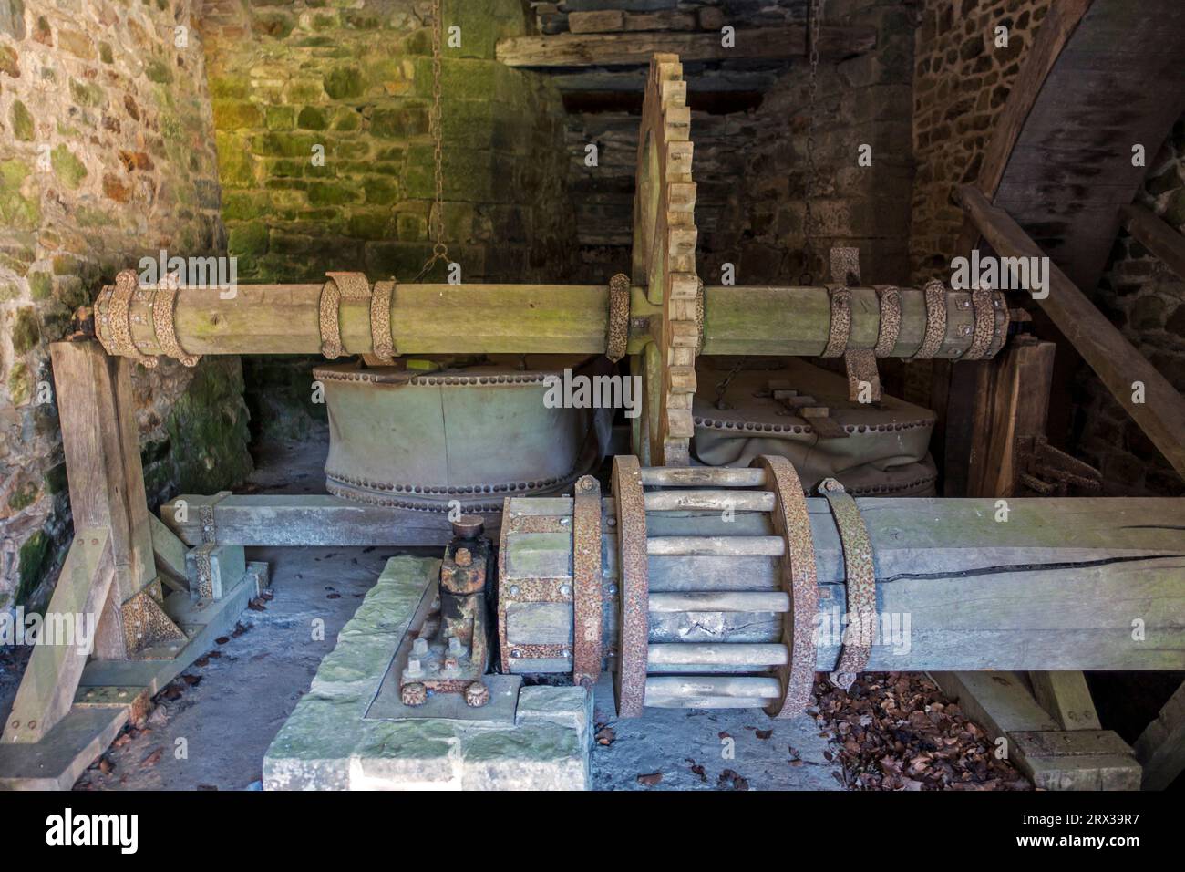 Wooden cogwheel operating bellows on the Fourneau Saint-Michel open-air ...