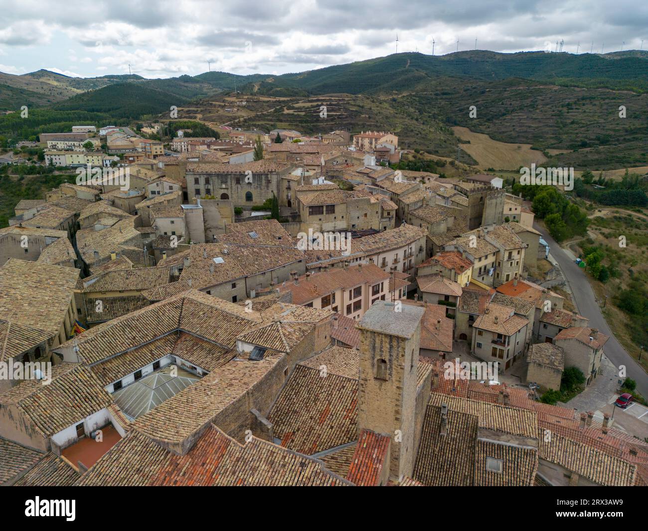 aerial view of the medieval town of Sos del Rey Católico in Aragon ...