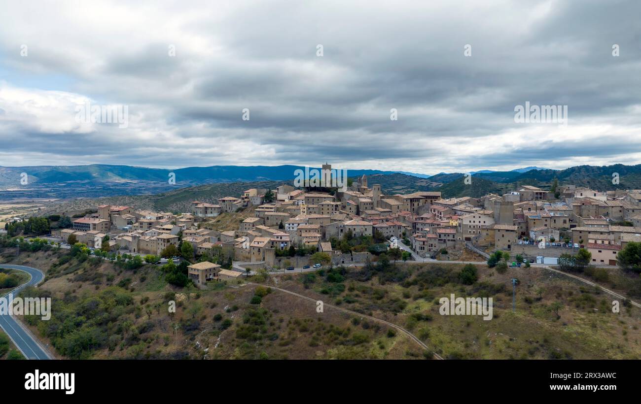 aerial view of the medieval town of Sos del Rey Católico in Aragon ...