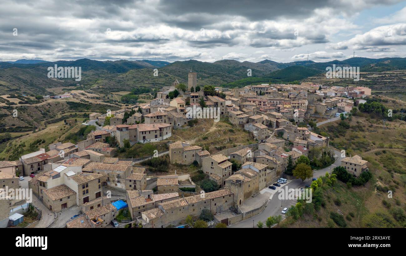 aerial view of the medieval town of Sos del Rey Católico in Aragon ...