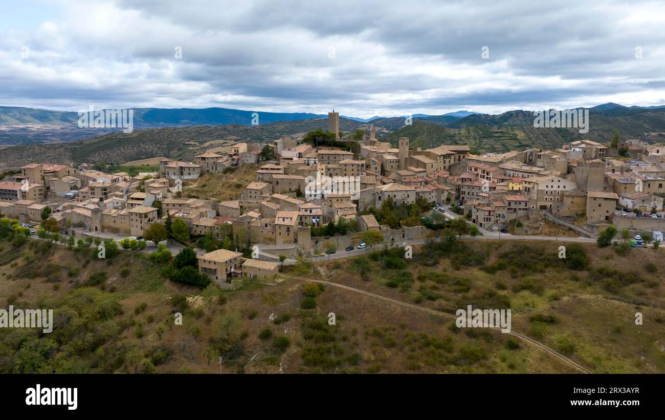 aerial view of the medieval town of Sos del Rey Católico in Aragon ...