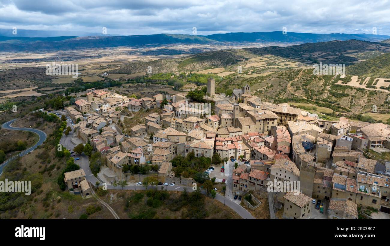 aerial view of the medieval town of Sos del Rey Católico in Aragon ...