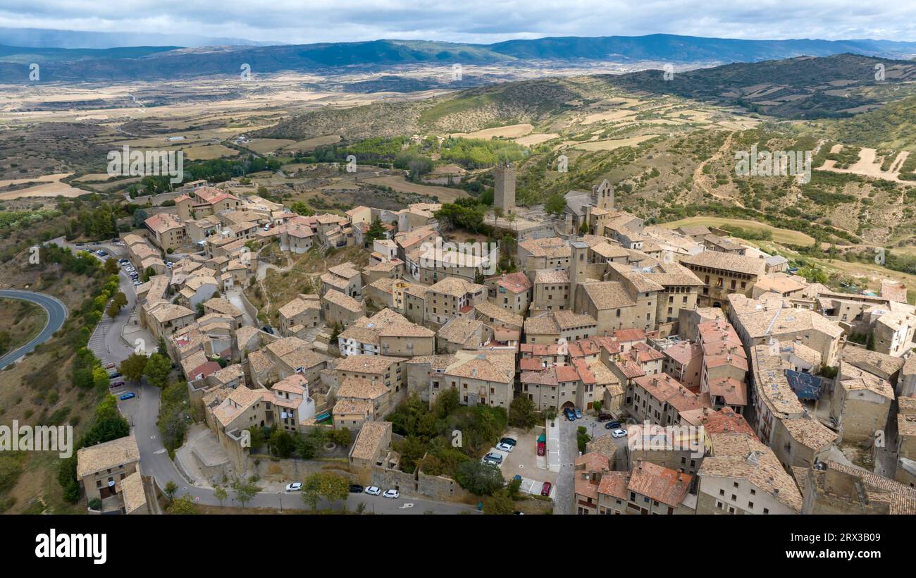 aerial view of the medieval town of Sos del Rey Católico in Aragon ...