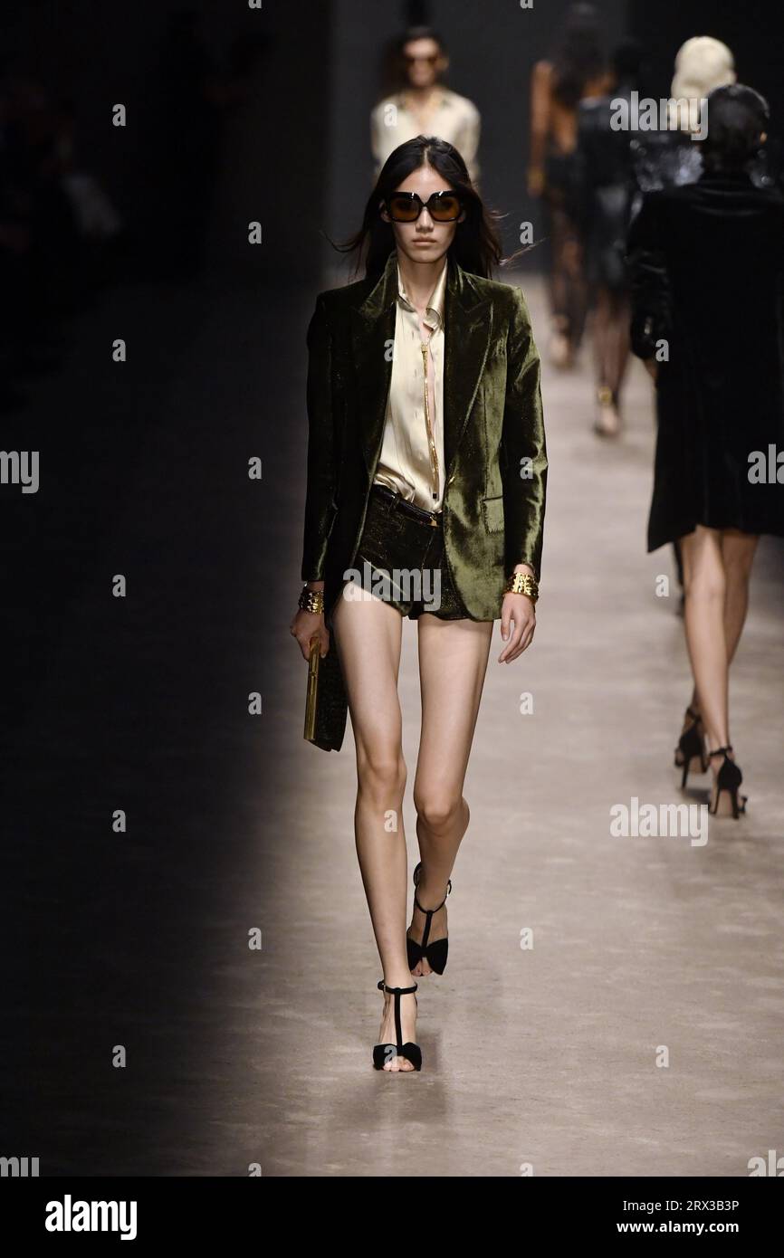 Milan, Italy. 21st Sep, 2023. Model Hejia Li walks on the runway at the Tom Ford fashion show ...