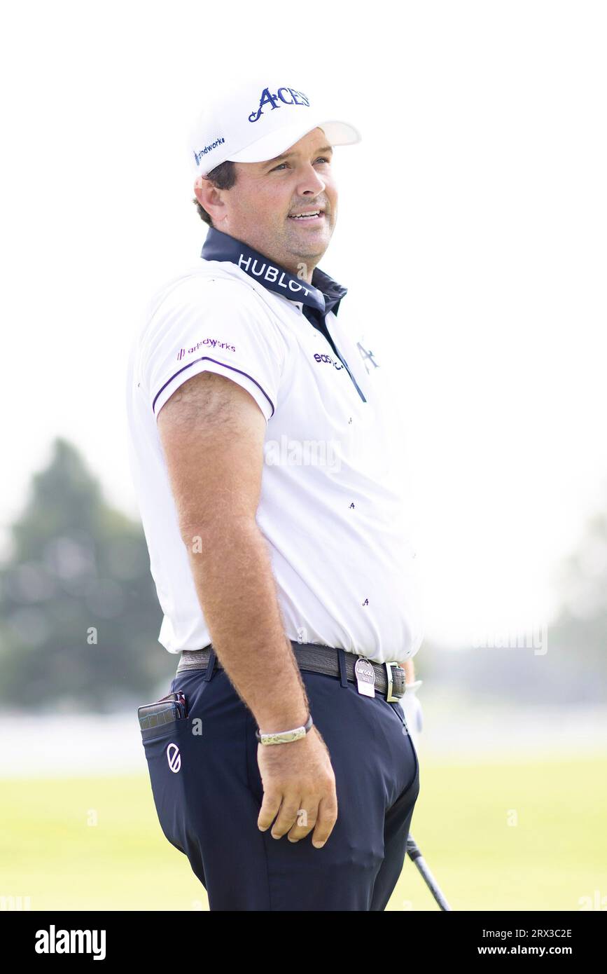 Patrick Reed of 4Aces GC looks on from the driving range before the ...