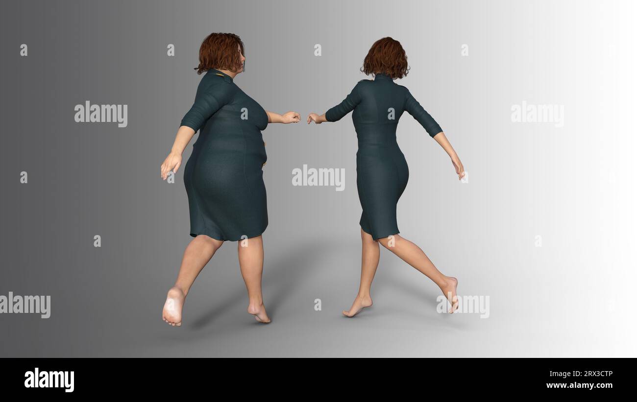Conceptual fat overweight obese female vs slim fit healthy body after ...