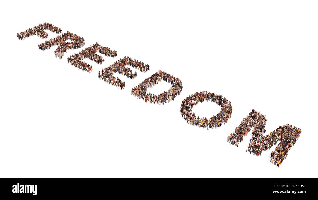 Conceptual large community of people forming FREEDOM word. 3d ...