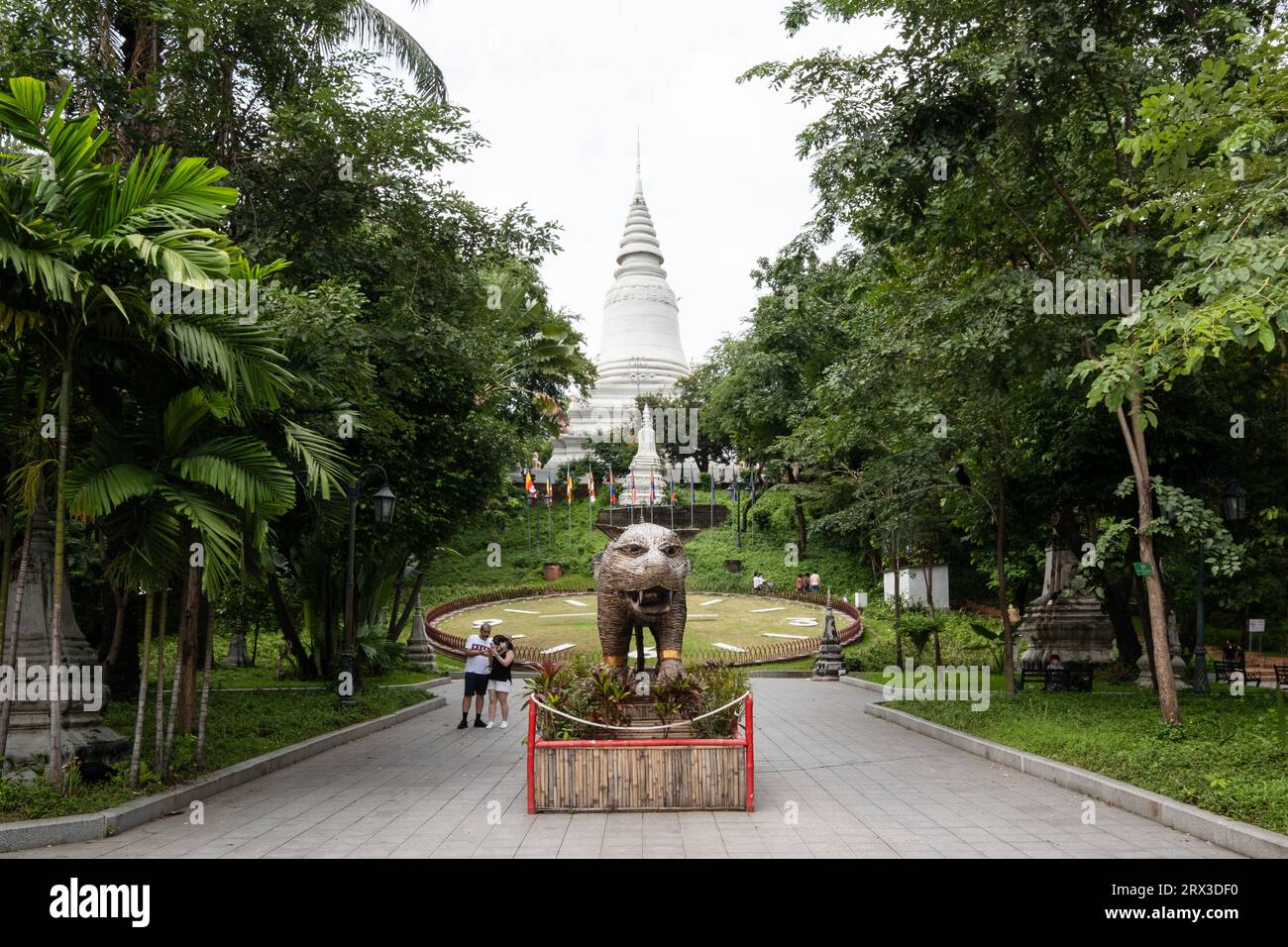 Big cat sculpture made from woven reed or willow, Wat Phnom, Doun Penh ...
