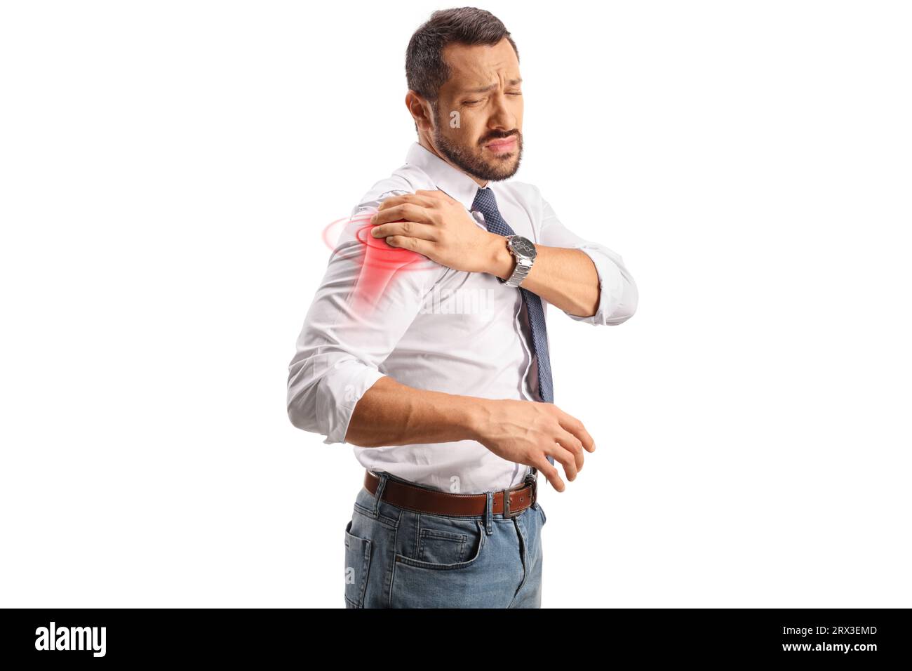 Businessman with pain in the shoulder, red inflamed zone indicated ...