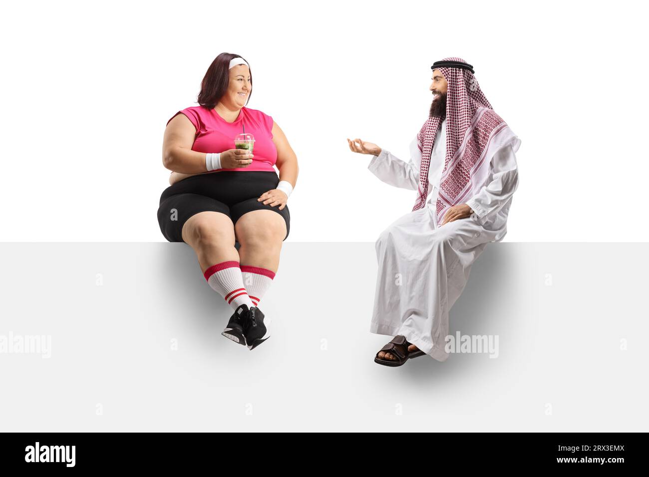Plus size woman in sportswear and a saudi arab man sitting on a panel ...