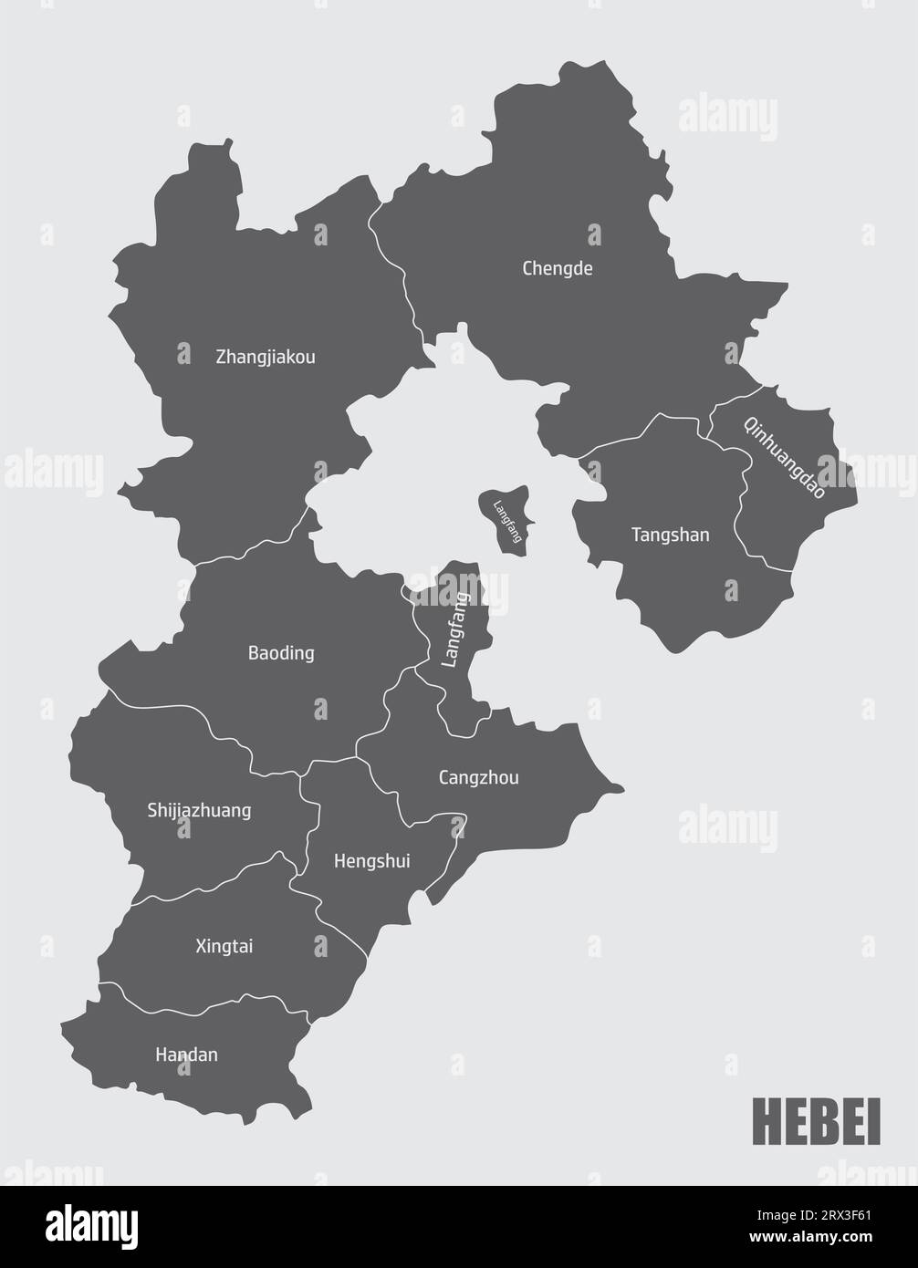 Hebei province administrative map isolated on gray background, China ...