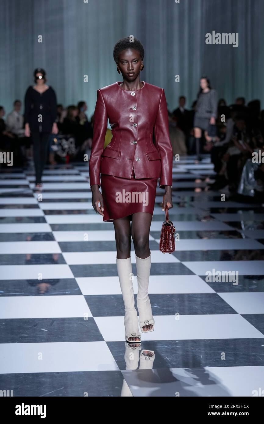 A model wears a creation as part of the Versace women's Spring Summer ...