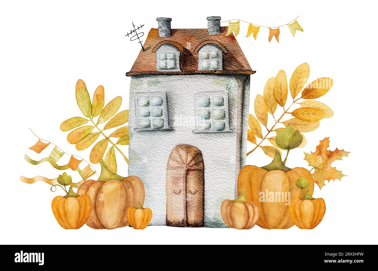 Autumn cartoon house with oak leaves, mushrooms and acorns watercolor ...