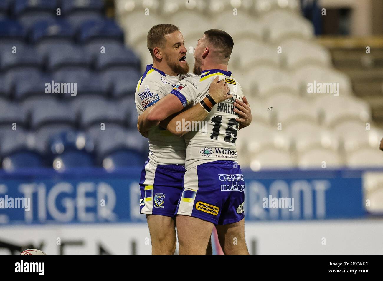 Matt Dufty #1 of Warrington Wolves celebrates his try during the ...
