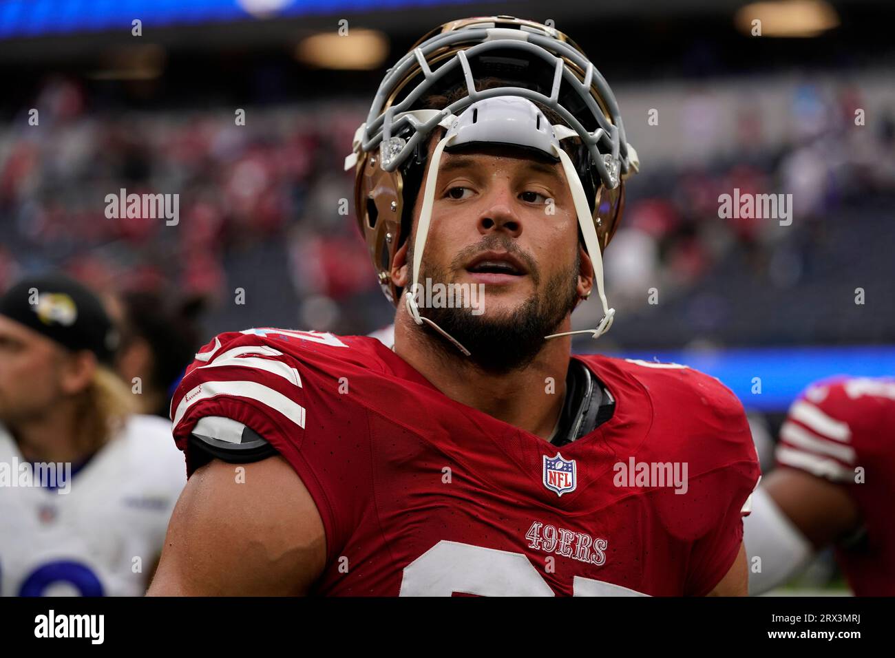 San Francisco 49ers defensive end Nick Bosa after an NFL football game ...