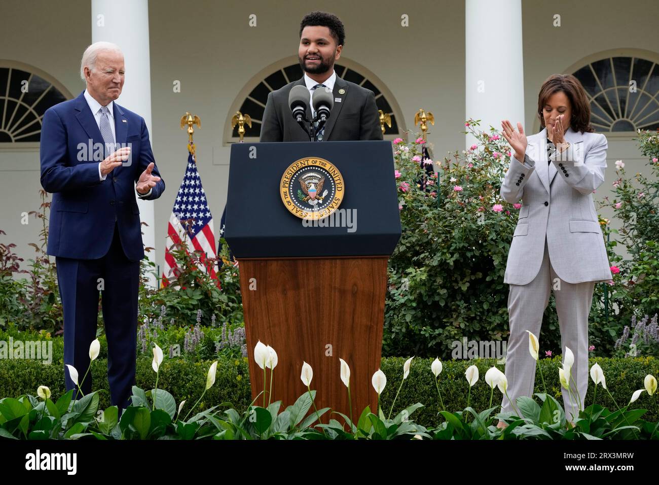 President Joe Biden and Vice President Kamala Harris applaud as Rep ...