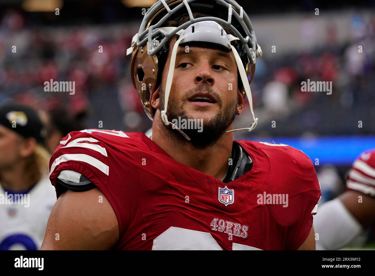 San Francisco 49ers defensive end Nick Bosa after an NFL football game ...